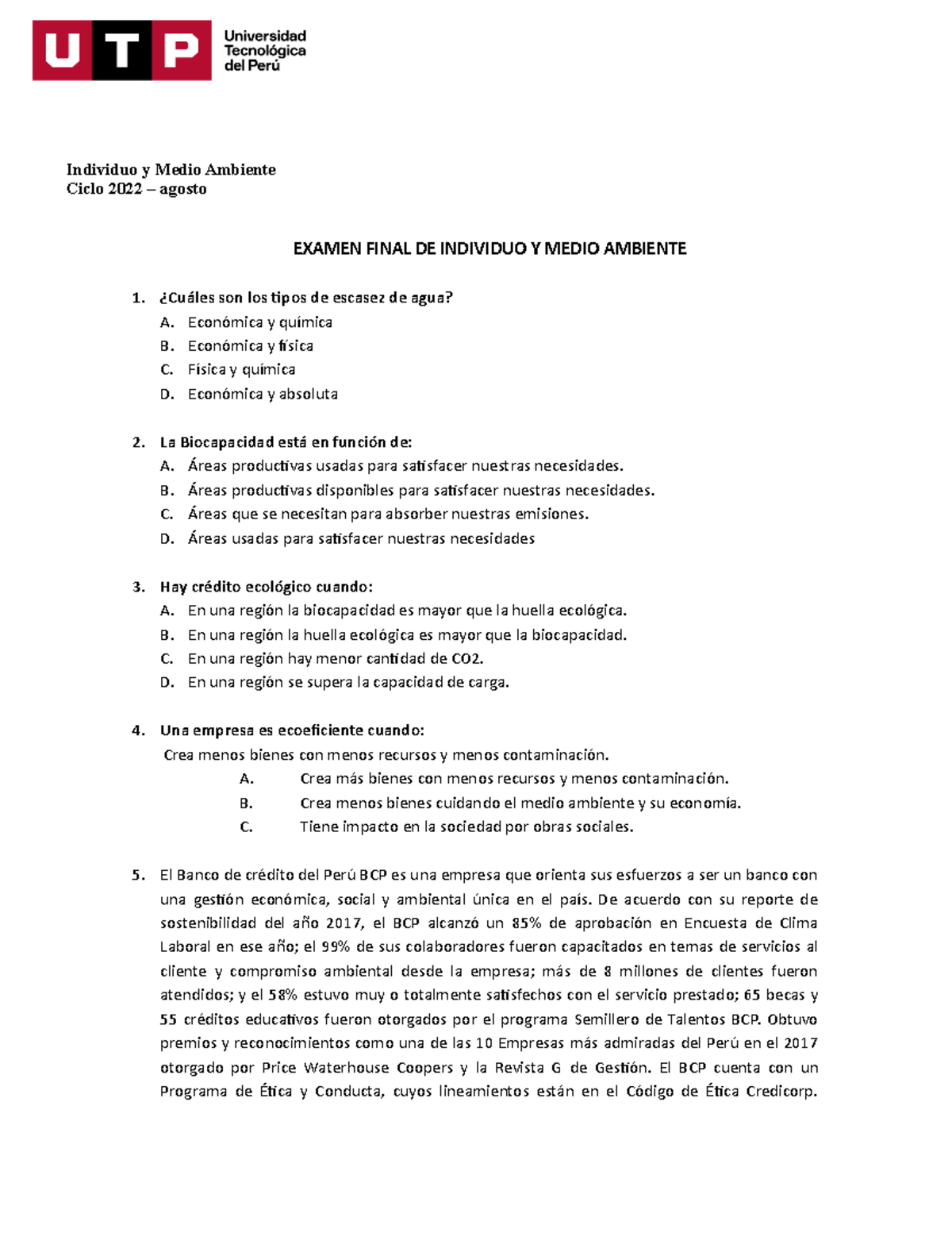 Examen Final DE Individuo Y Medio Ambiente 8 preguntas - Individuo y ...