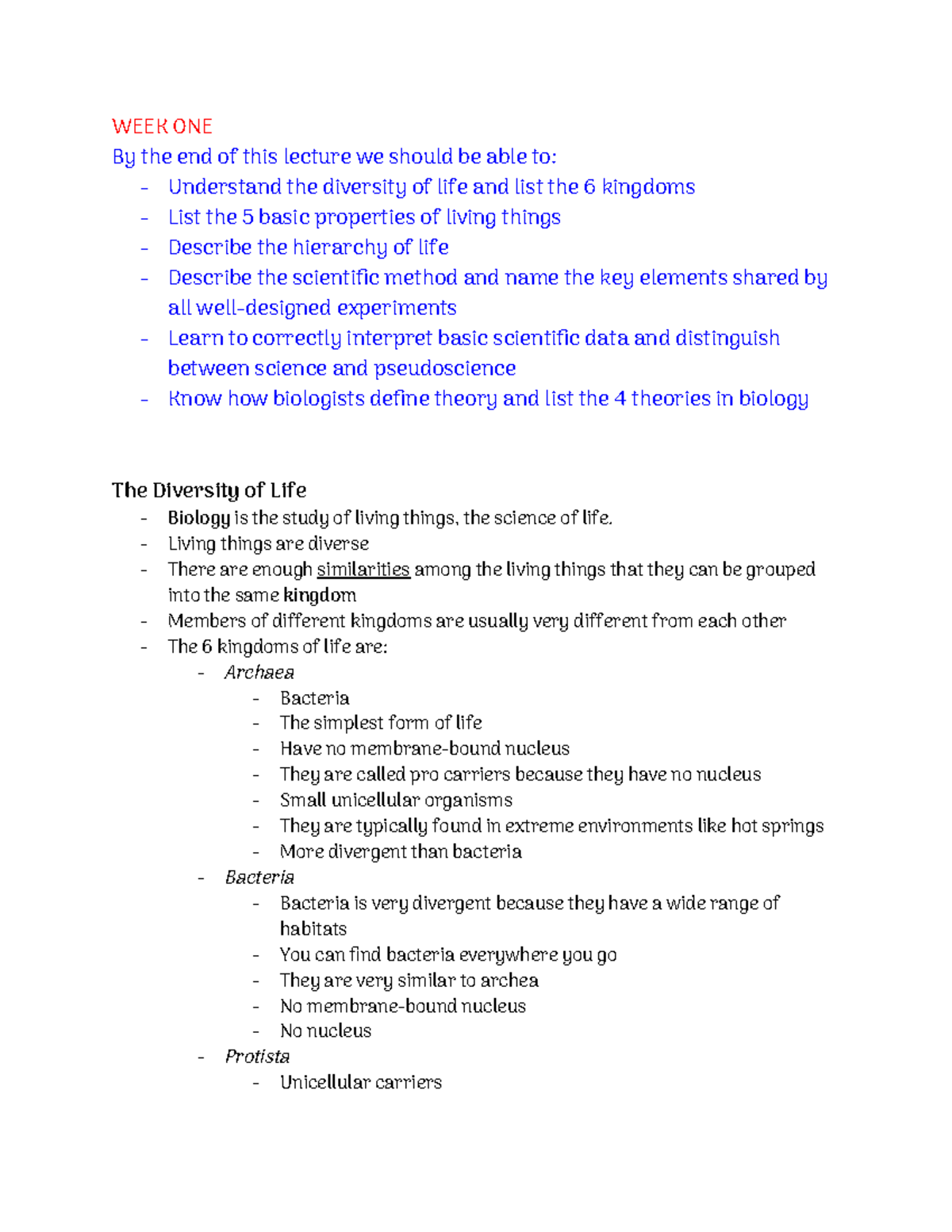 Principles of Biology lecture 1 - WEEK ONE By the end of this lecture ...