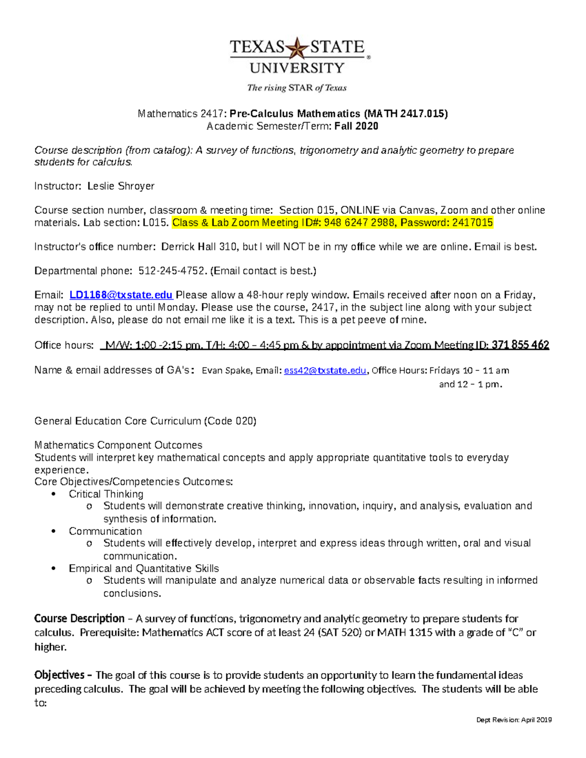 Syllabus - MATH2417 Section 015 Fall 2020 - Mathematics 2417: Pre ...