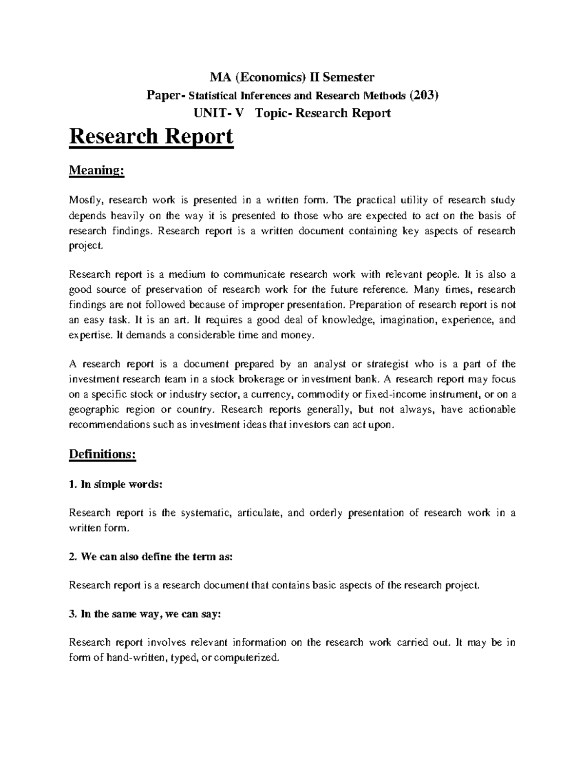 Research Report - MA (Economics) II Semester Paper- Statistical ...