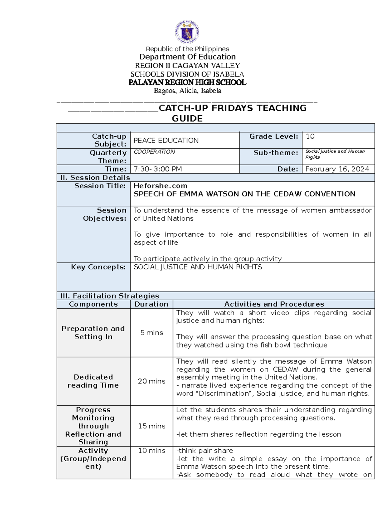 Catch up lesson plan Araling Panlipunan - Republic of the Philippines ...