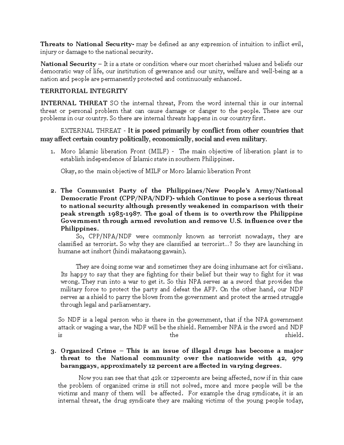 Threats to National Security script report - Threats to National Security- may be defined as any ...