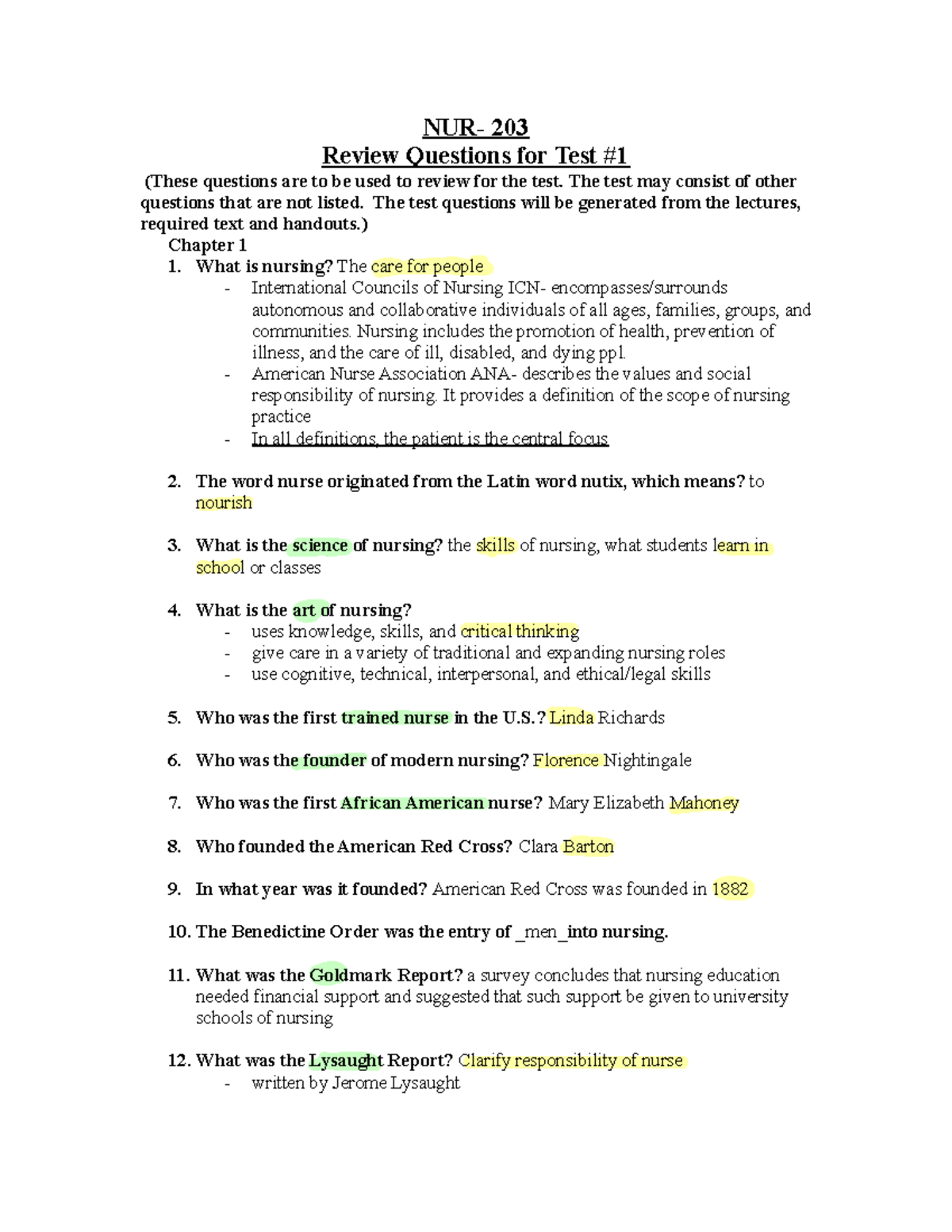 Test #1 - questions chapter 1-2 - NUR- 203 Review Questions for Test ...