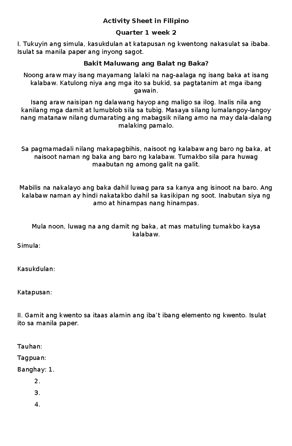 Activity Sheet in Filipino q1w2 - Activity Sheet in Filipino Quarter 1 week 2 I. Tukuyin ang ...