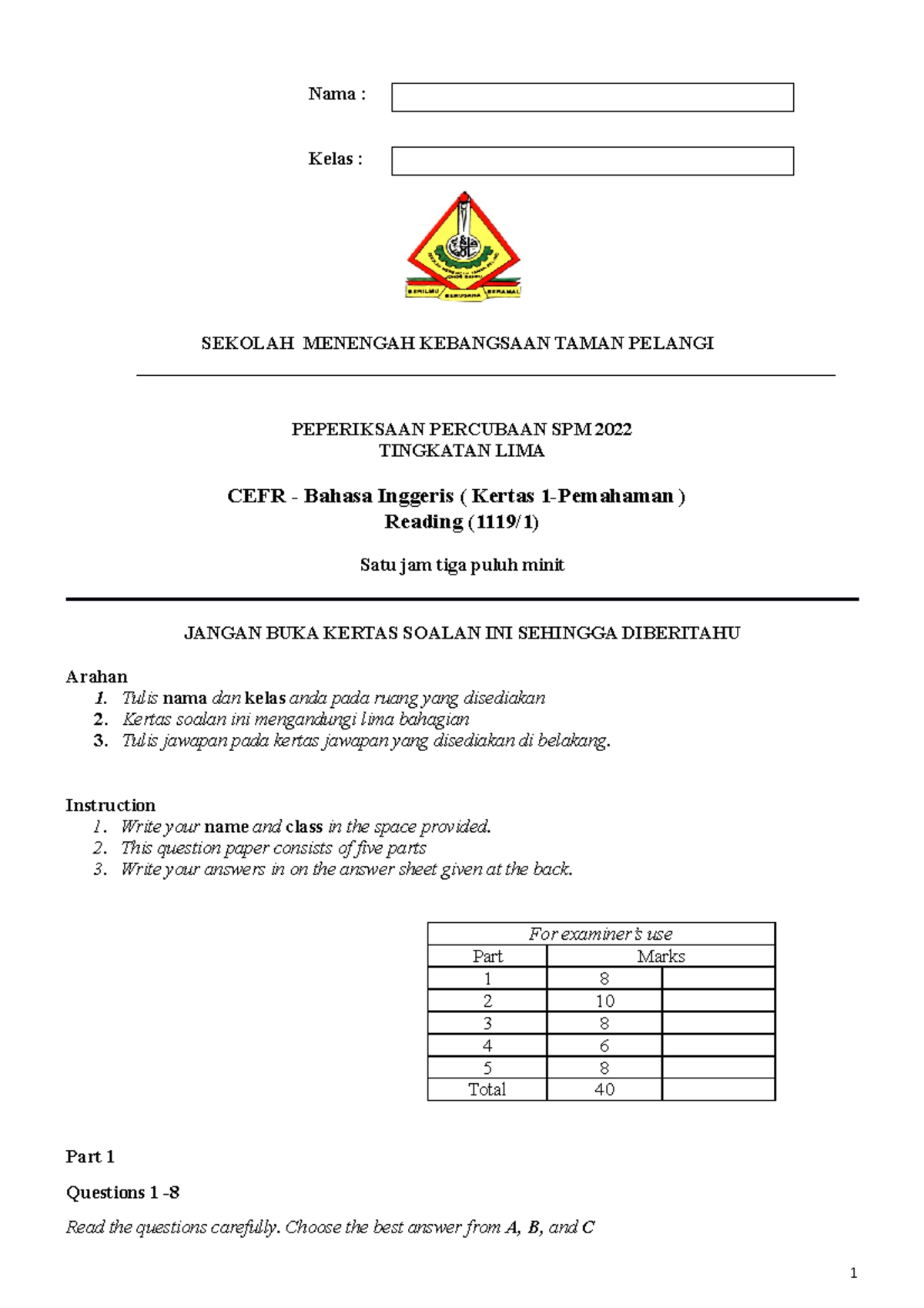 Reading Trial SPM 2022 - Nama : Kelas : ####### SEKOLAH MENENGAH ...