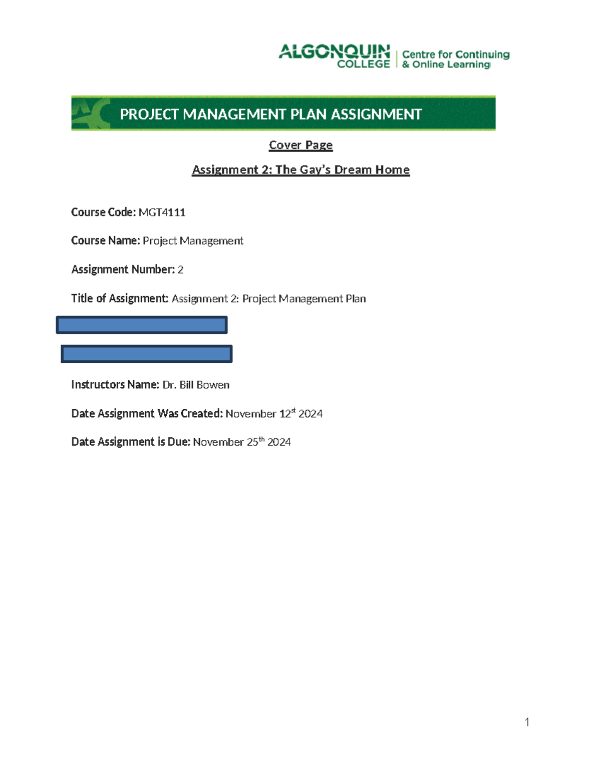 (F24:HI2) MGT4111 Project Plan Assignment 2- The Gay's Dream Home ...
