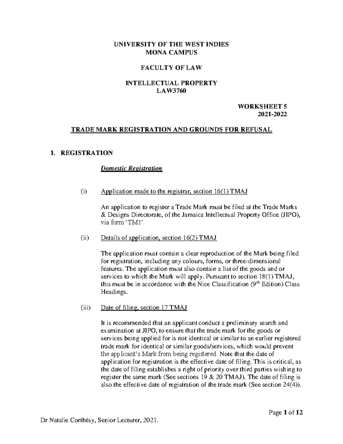 Intellectual Property Worksheet 5 2021 - Page 1 of 12 UNIVERSITY OF THE ...