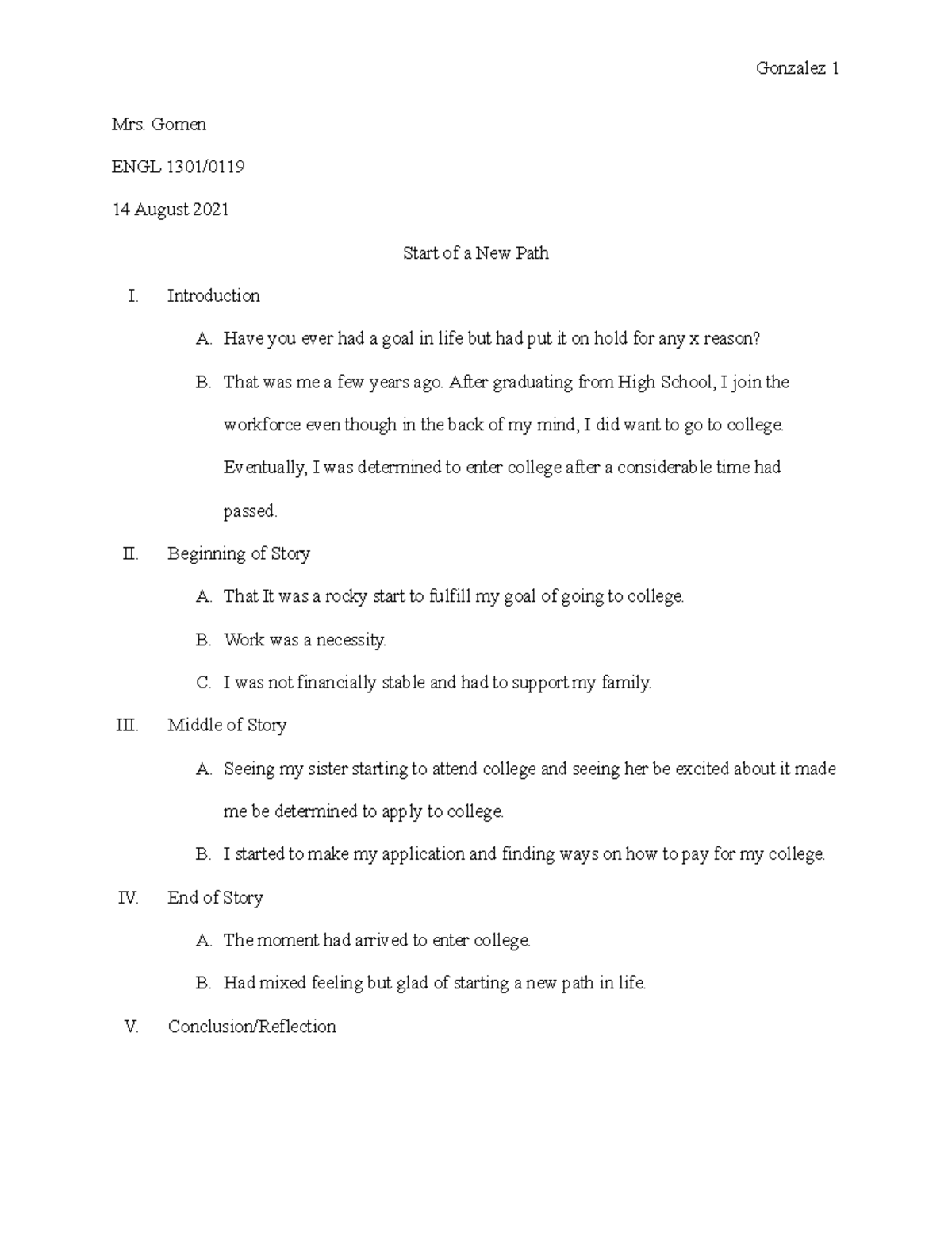 Memoir Outline Example - Gonzalez 1 Mrs. Gomen ENGL 1301/ 14 August ...