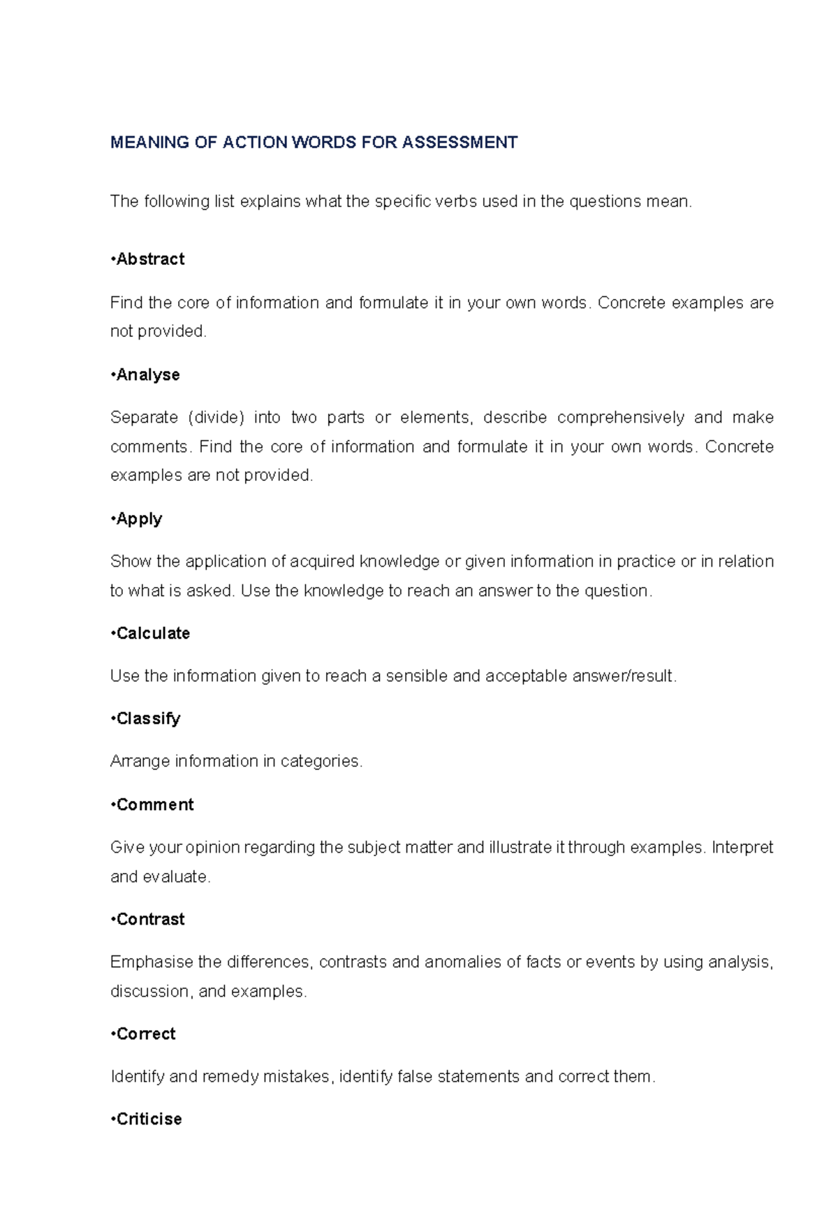 Meaning OF Action Words FOR Assessment - MEANING OF ACTION WORDS FOR ...