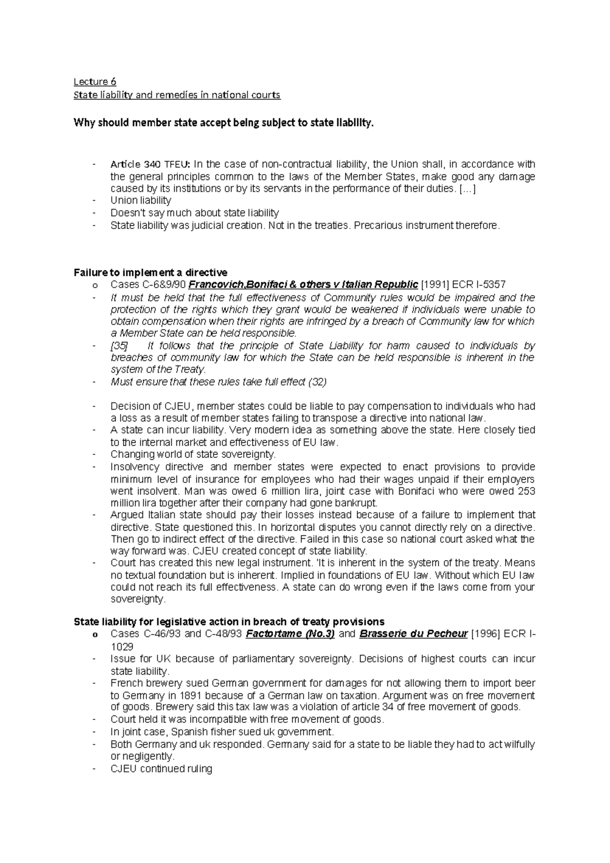Lecture 6 - Lecture 6 State liability and remedies in national courts ...