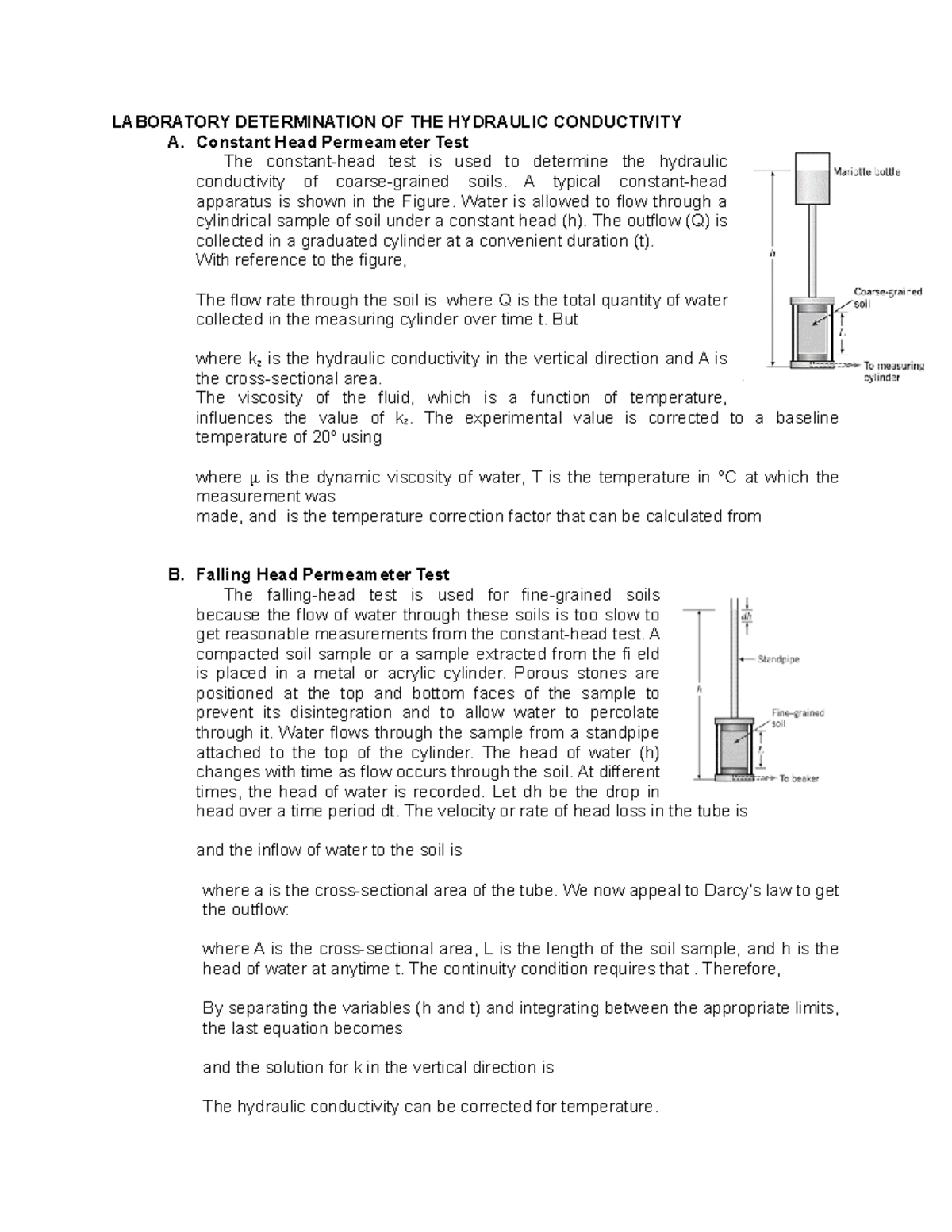 Laboratory Determination OF THE Hydraulic Conductivity - LABORATORY ...