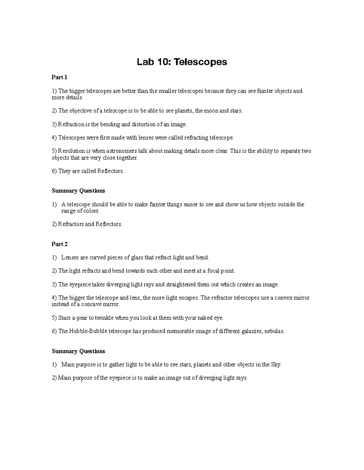 Lab 10 - telescopes - Lab 10: Telescopes Part 1 The bigger telescopes ...