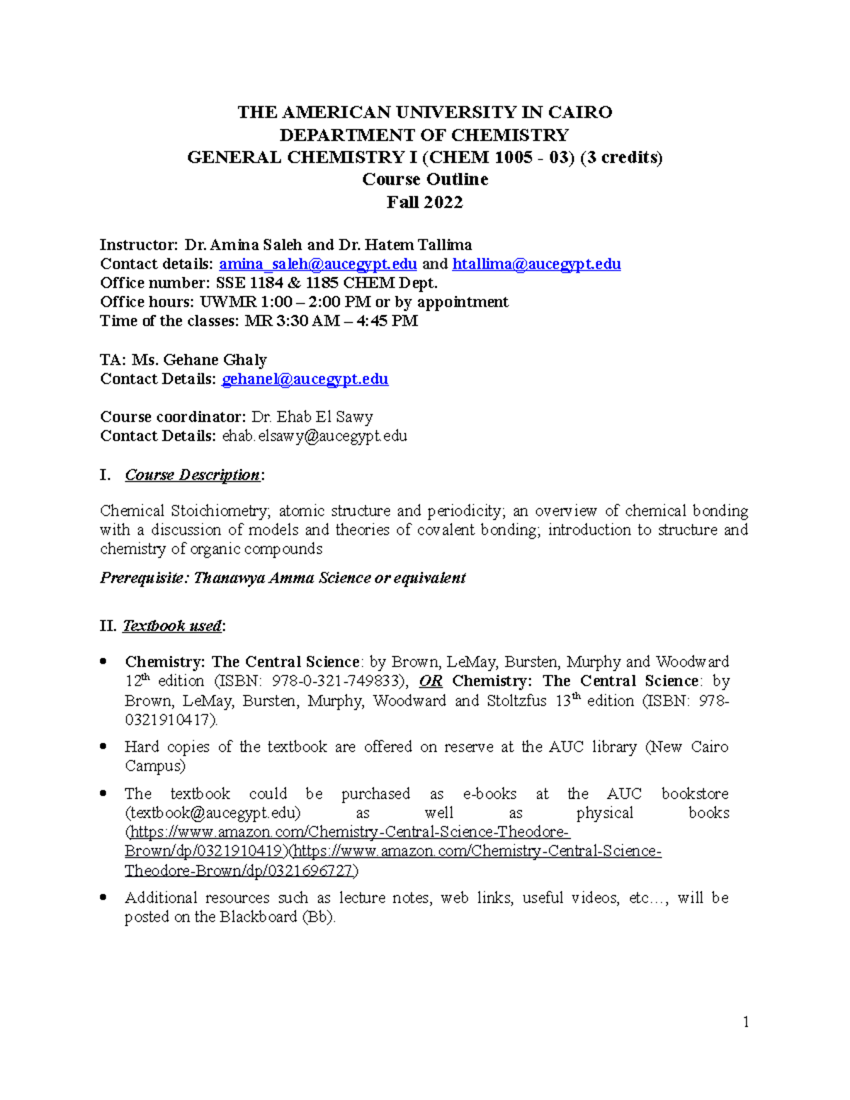 CHEM 1005 - Syllabus - THE AMERICAN UNIVERSITY IN CAIRO DEPARTMENT OF ...