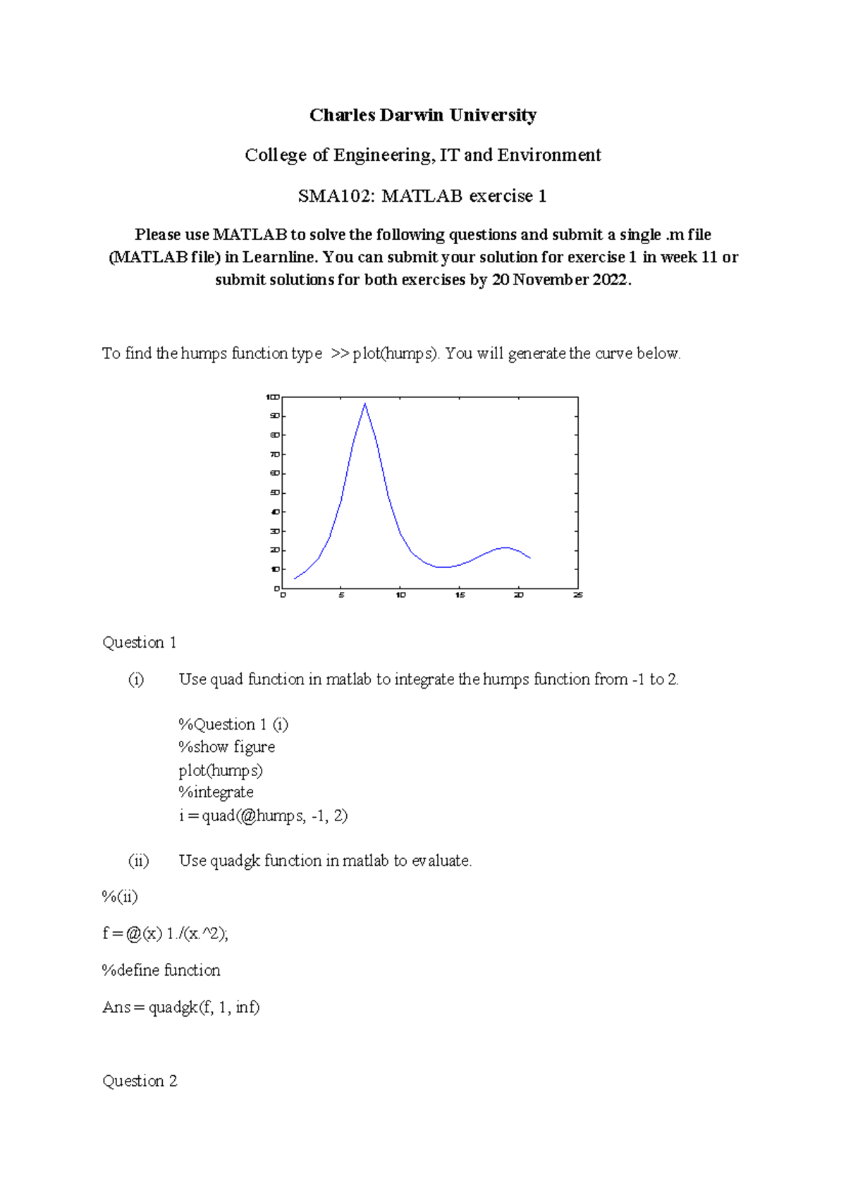 SMA102- Matlab exercise 1 - Charles Darwin University College of Engineering, IT and Environment ...