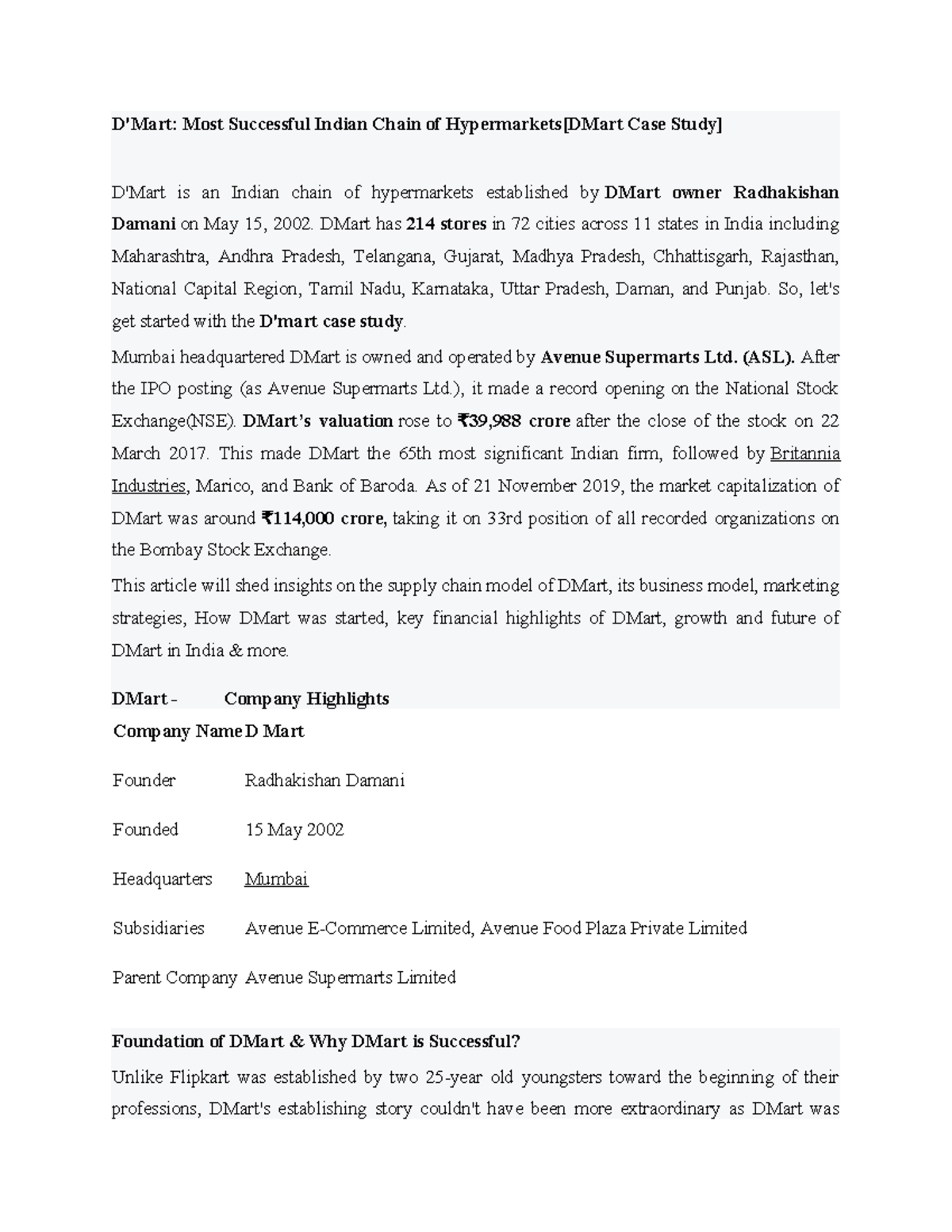 D-mart Case Study - D'Mart: Most Successful Indian Chain of Hypermarkets[DMart Case Study] D ...