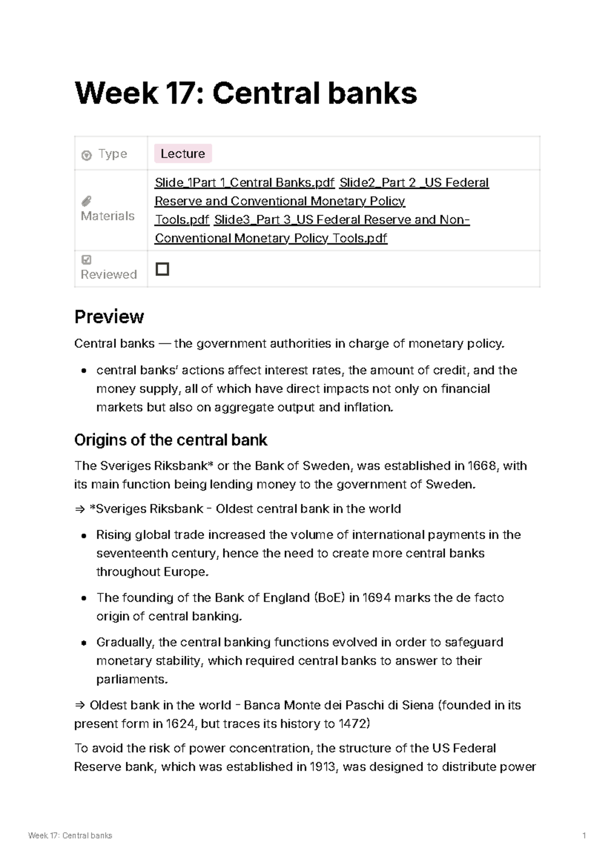 Week 17 Central banks - Week 17: Central banks Type Lecture Materials ...