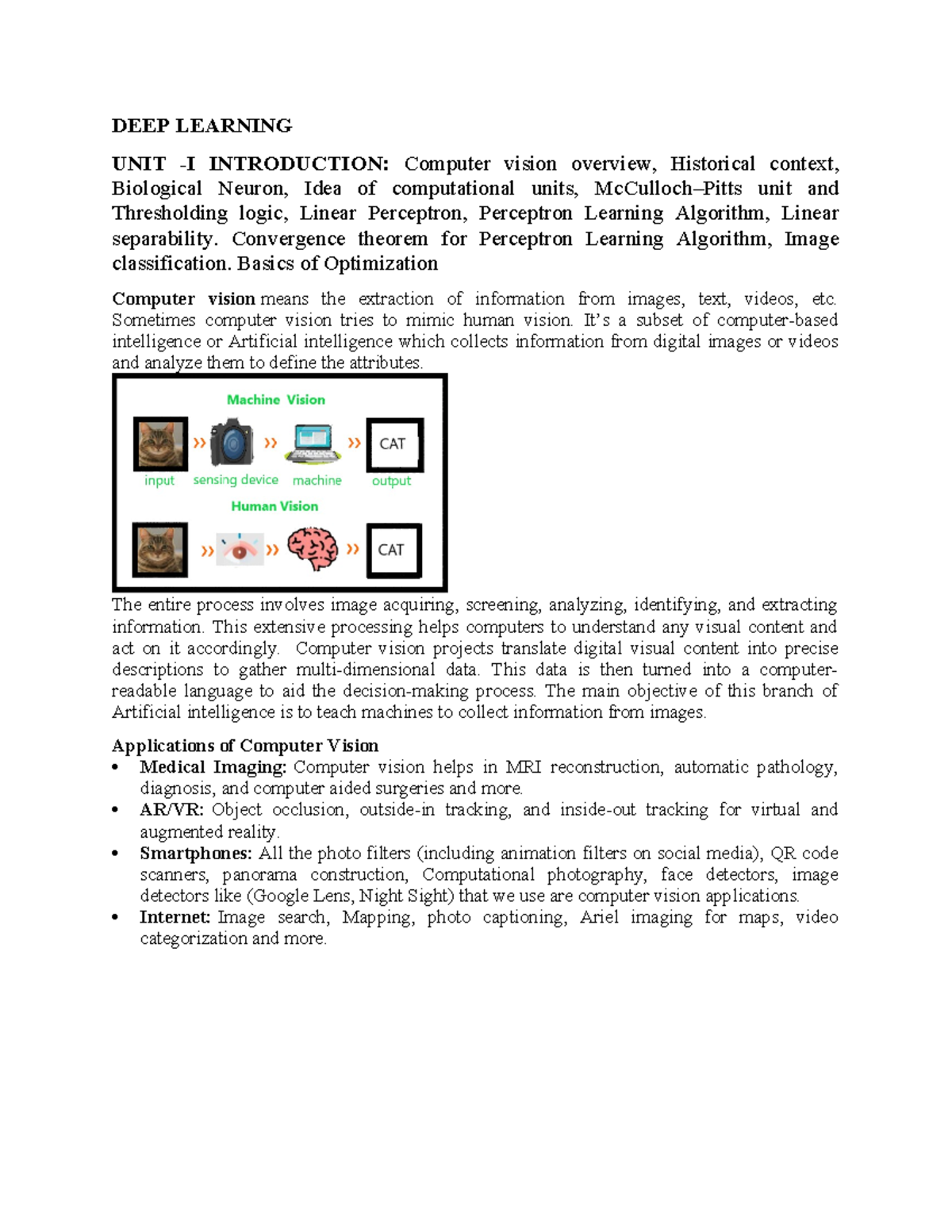 Deep Learning Unit 1 Use To Every One Deep Learning Unit I Introduction Computer Vision