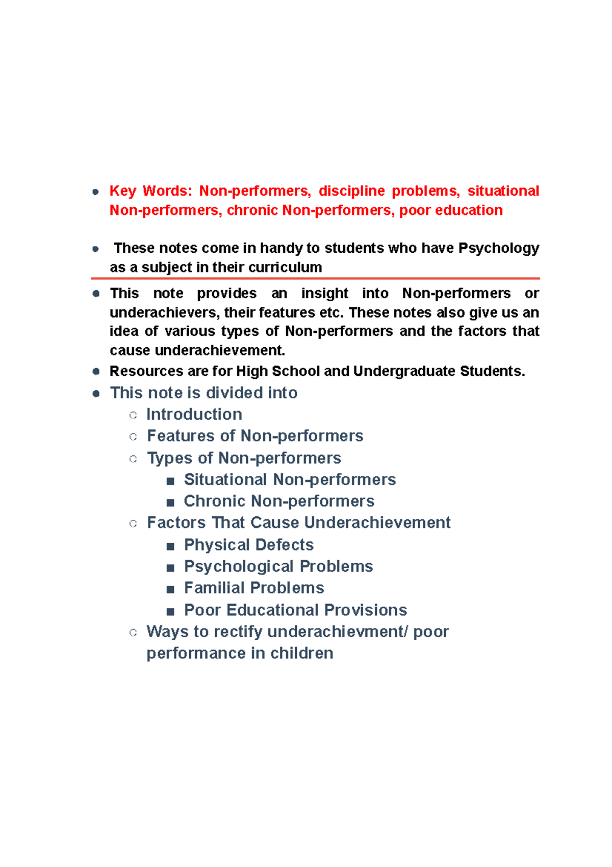 Psychology analyzing non performers - Key Words: Non-performers ...