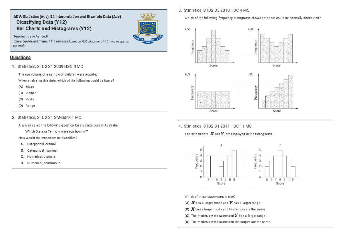 HSC Questions Mathematics Advanced Statistics 1 Statistics STD2 S1