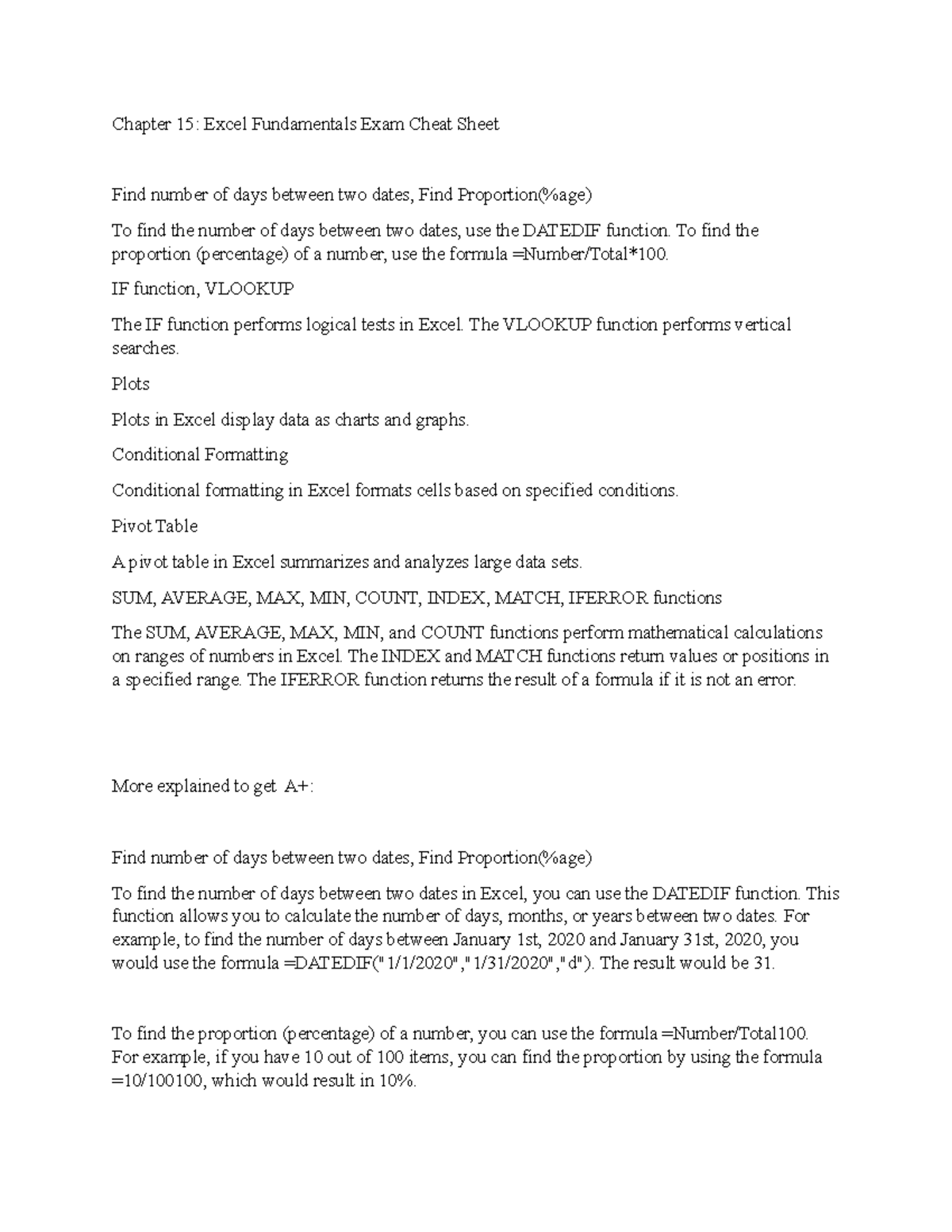 Excel Midterm Cheat Sheet Chapter 15 Excel Fundamentals Exam Cheat Sheet Find Number Of Days