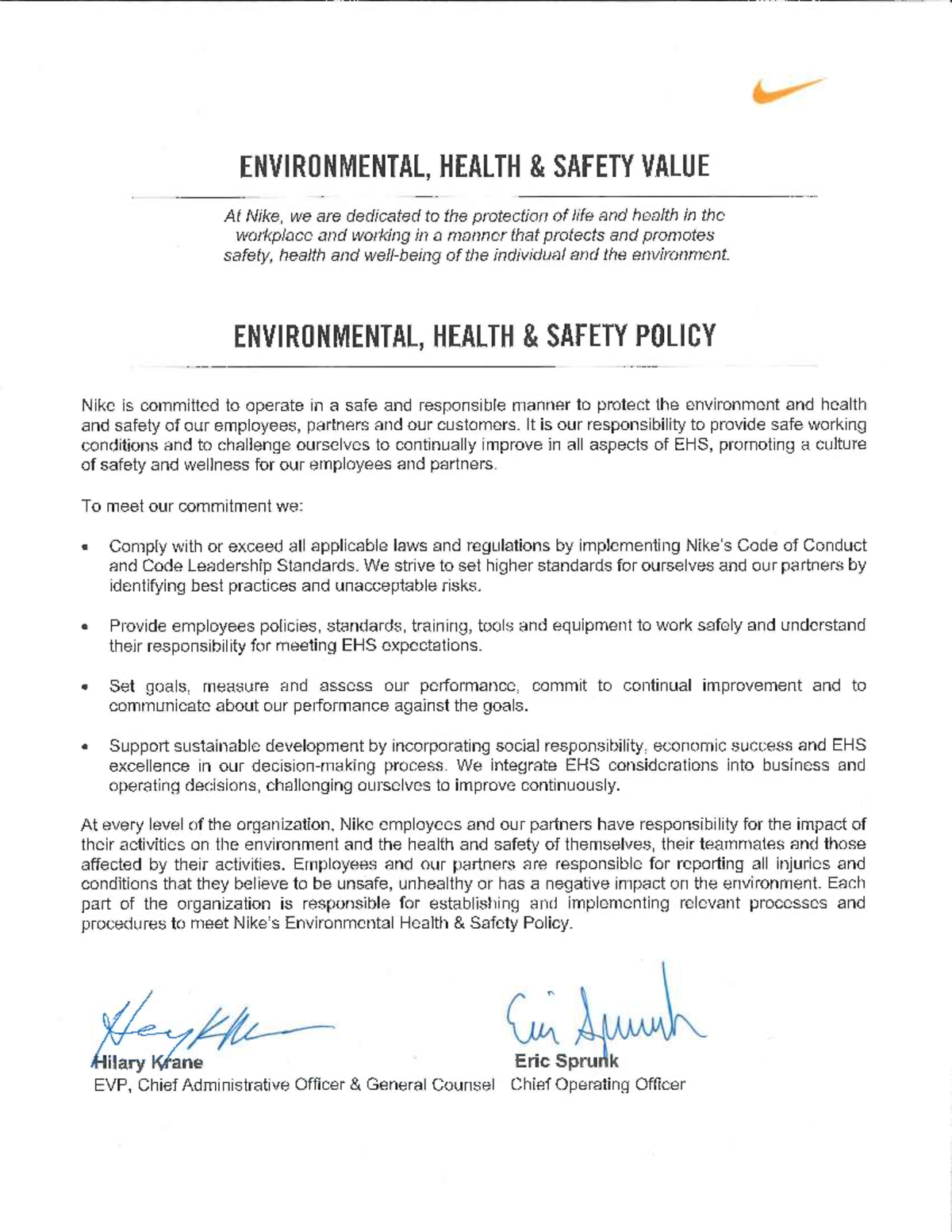 NIKE Environmental Health Safety Policy 2018 - BLAW 201 - Studocu