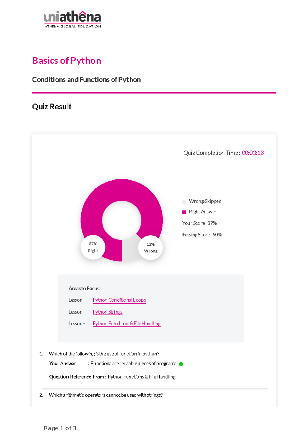 Quiz result - Page 1 of 3 Basics of Python Conditions and Functions of ...