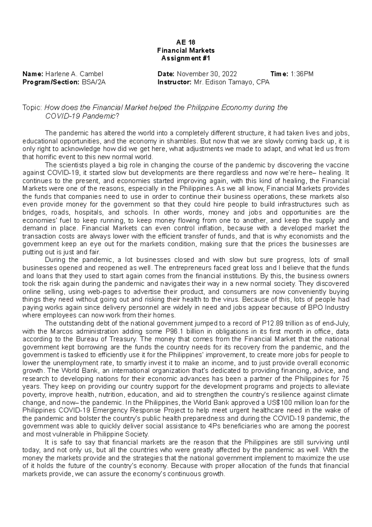 AE 18 - ae18 - AE 18 Financial Markets Assignment # Name: Harlene A ...