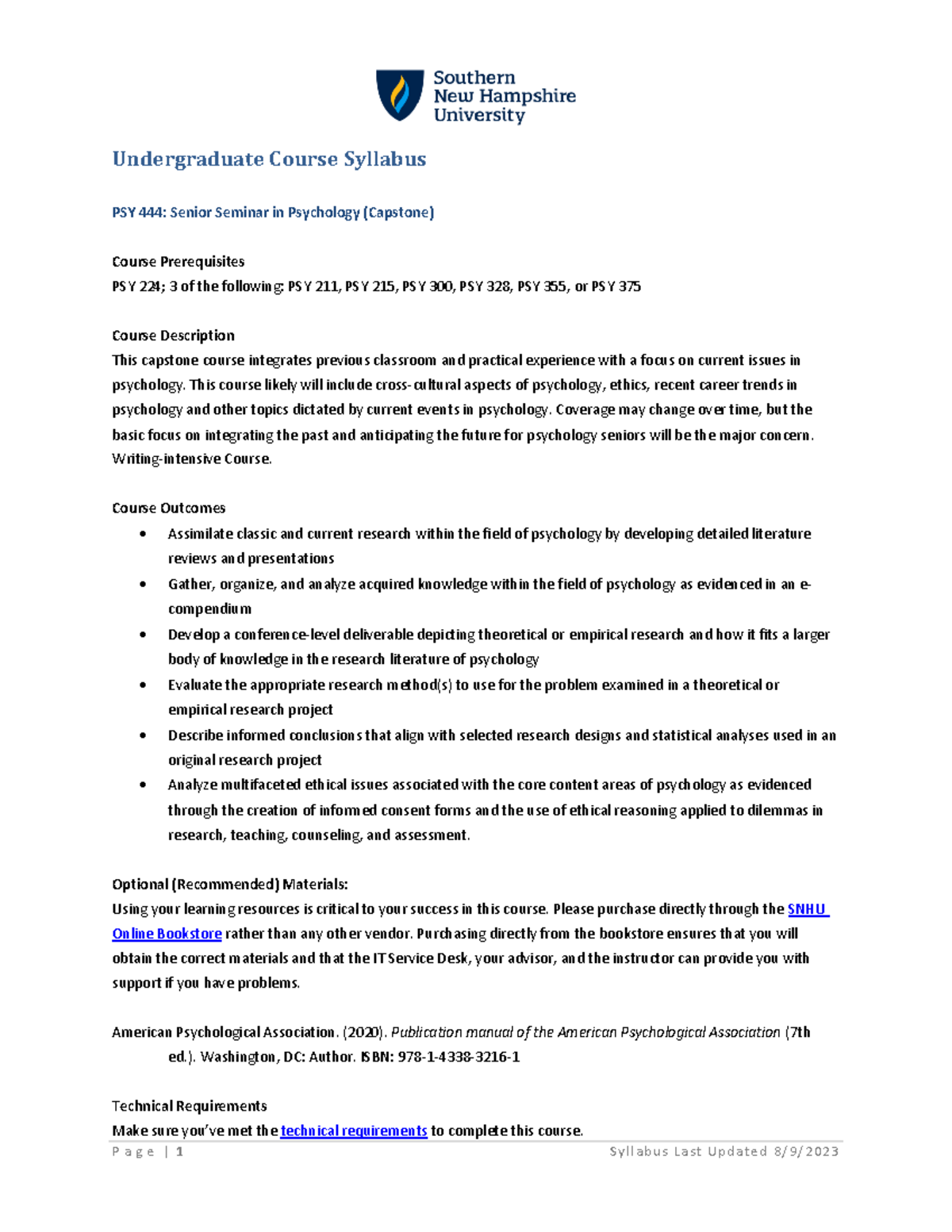 PSY-444 Syllabus - Undergraduate Course Syllabus PSY 444: Senior ...