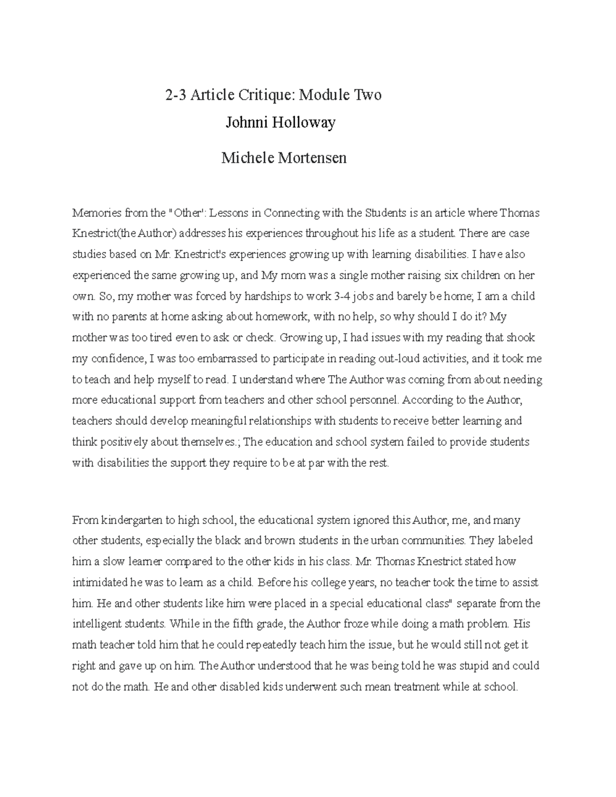PSY201 Week2 - N/A - 2-3 Article Critique: Module Two Johnni Holloway ...