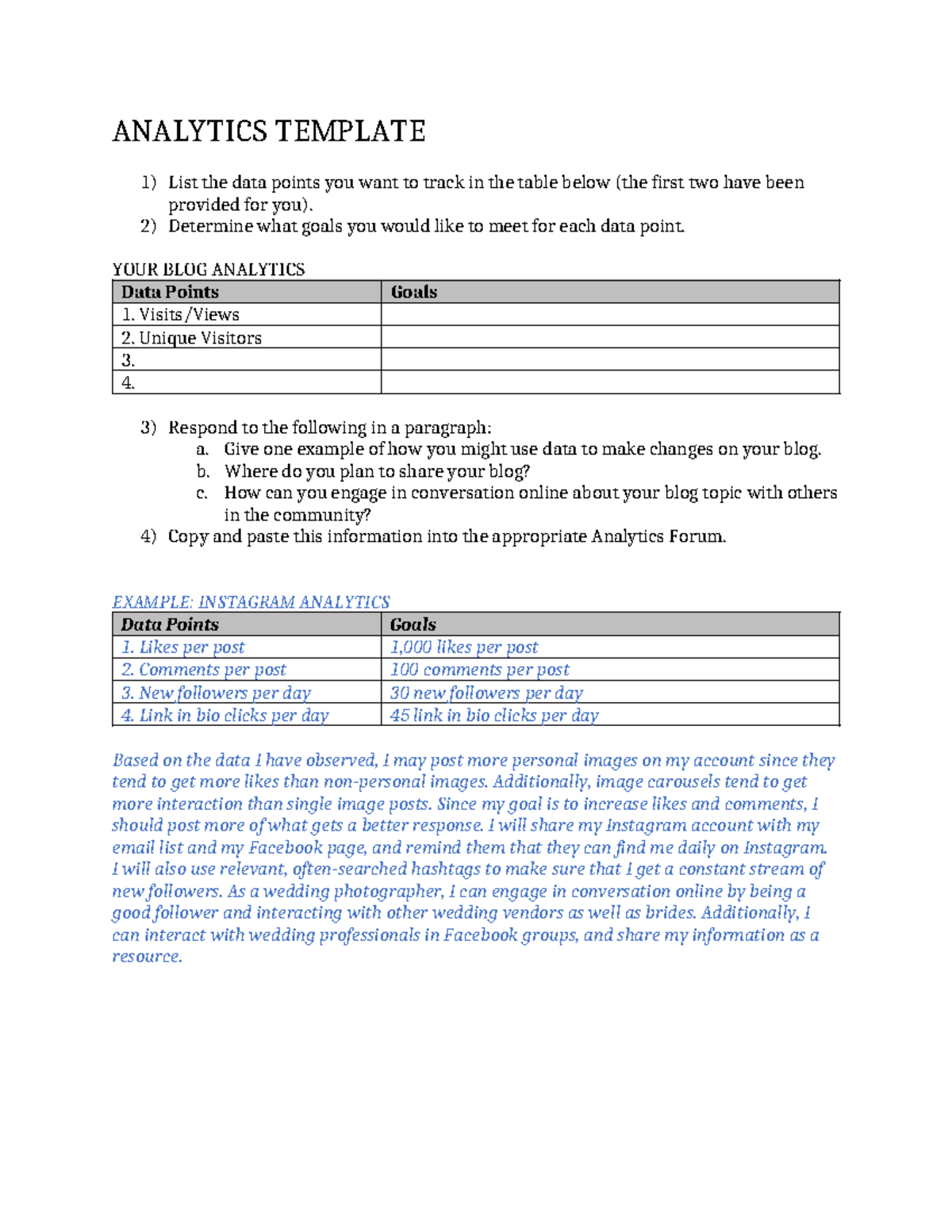 Analytics Template - 11111 - ANALYTICS TEMPLATE 1) List the data points ...