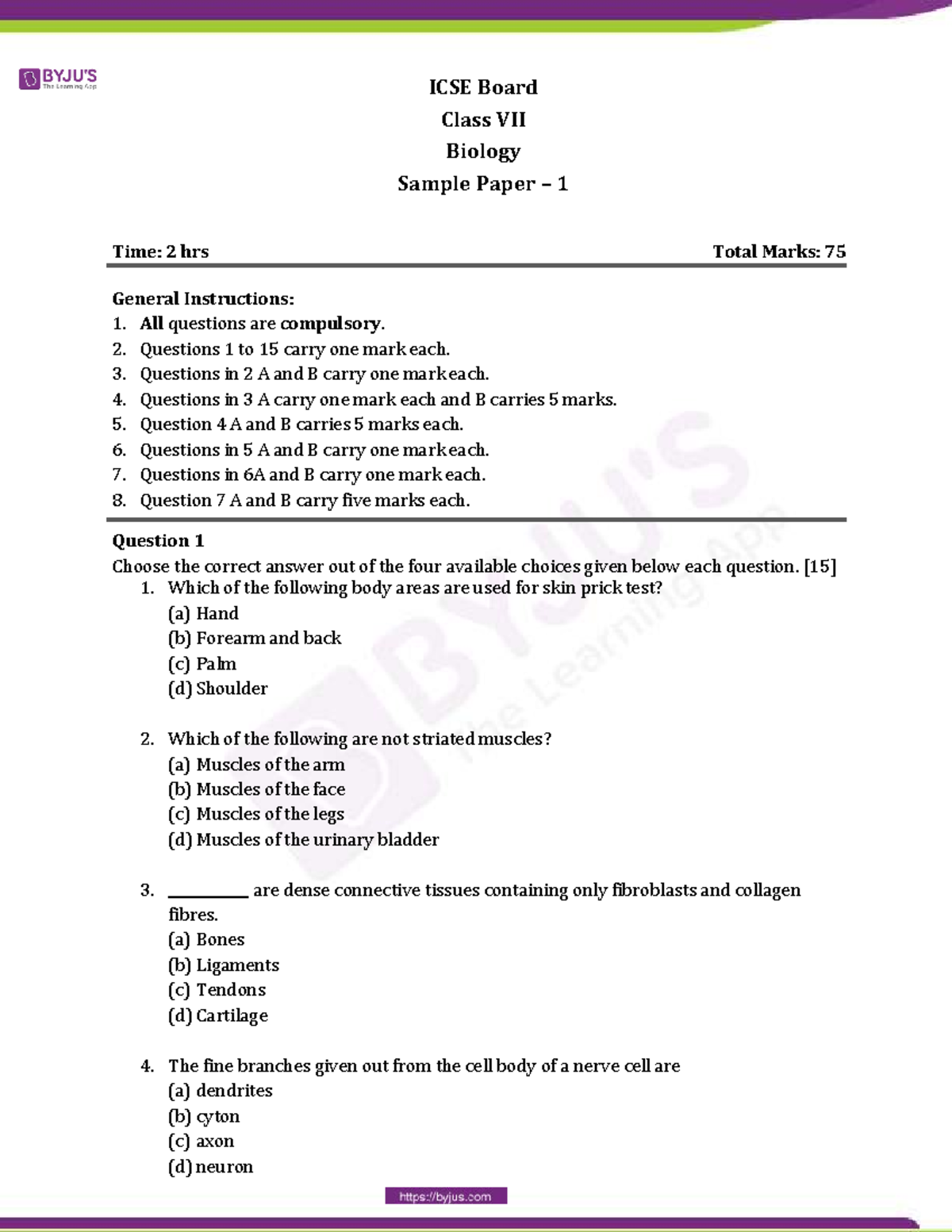 ICSE Class 7 biology Sample paper Set 1 - ICSE Board Class VII Biology ...