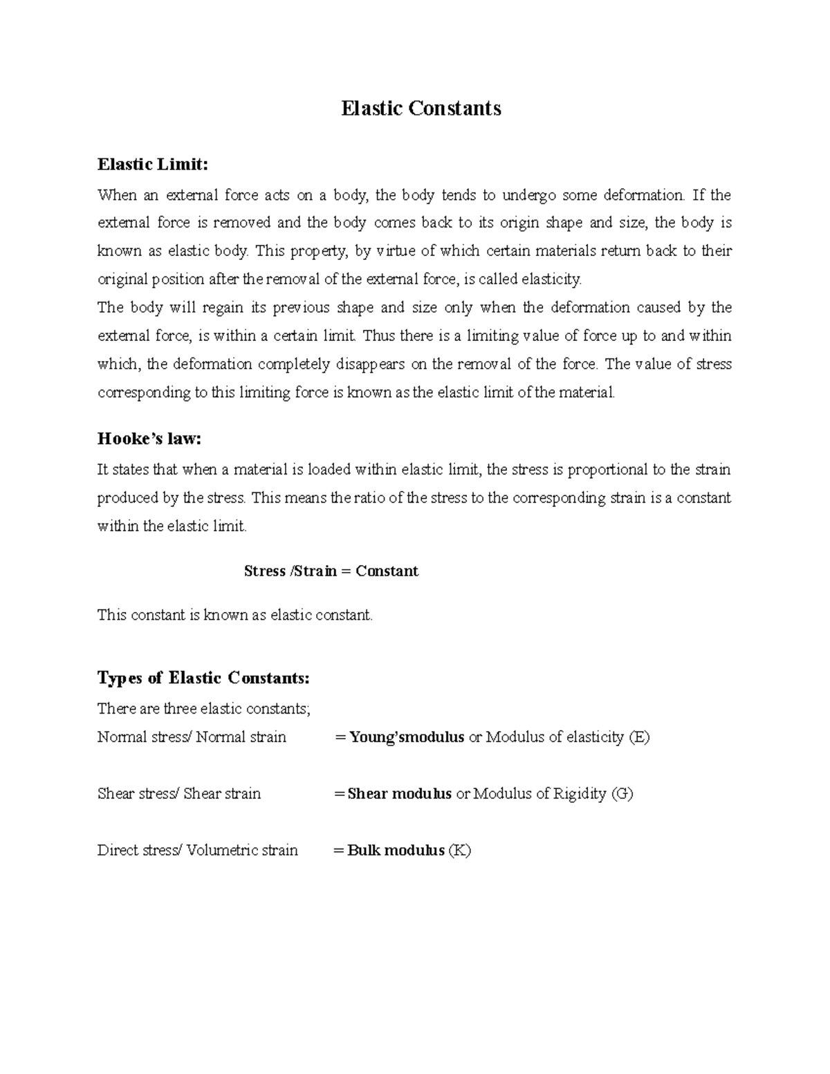 Relation between Elastic constants - Elastic Constants Elastic Limit ...