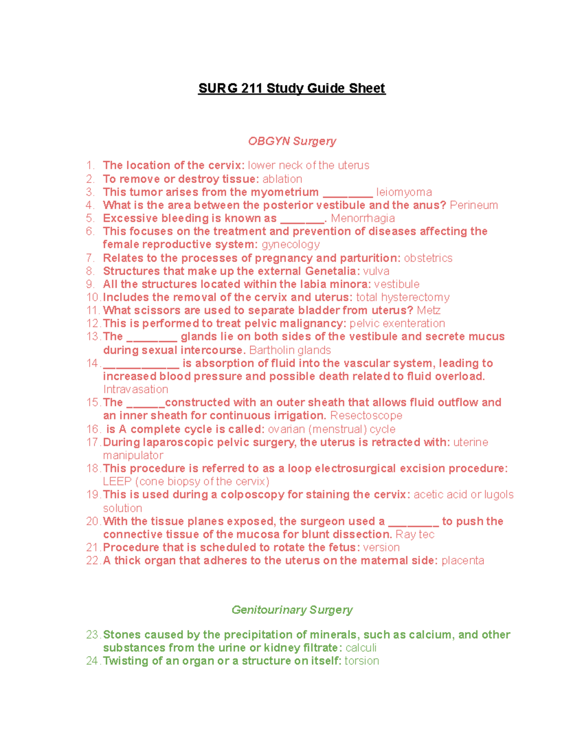 Final Exam Study Guide pg 1 - SURG 211 Study Guide Sheet OBGYN Surgery ...