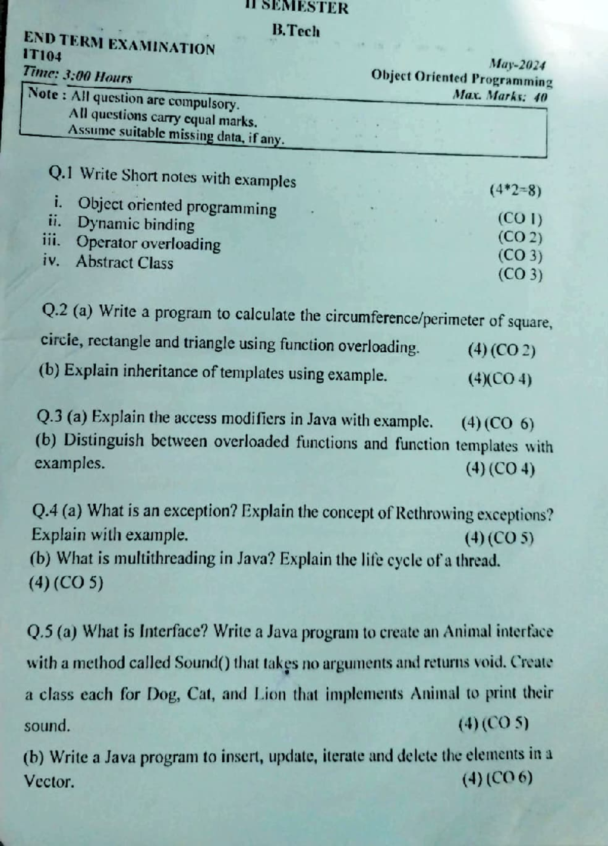 Previous Year Paper of OOPS - SEMESTER B END TERM EXAMINATION IT104 Time: 3:00 Hours Object ...