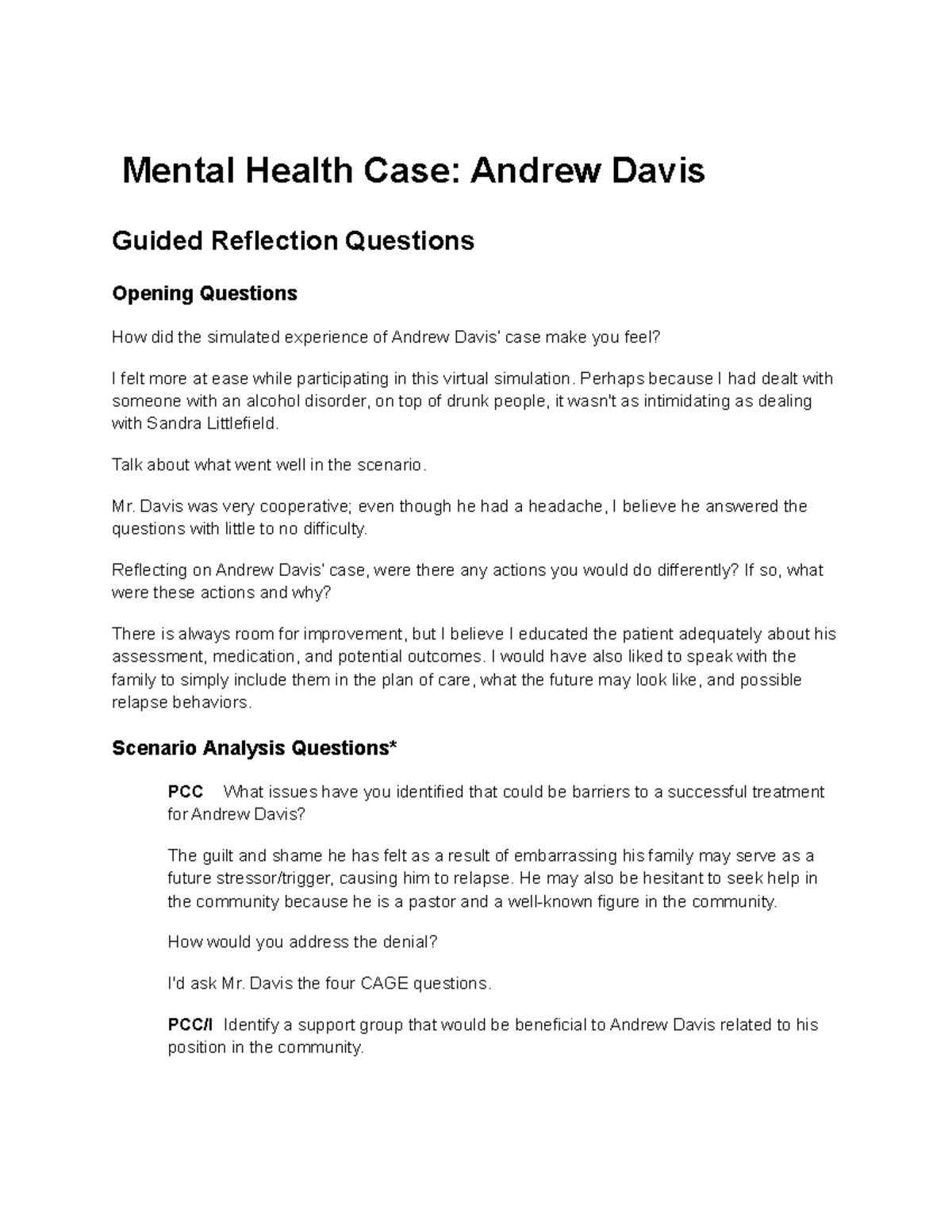Mental Health Case Andrew Davis - Mental Health Case: Andrew Davis Guided Reflection Questions ...