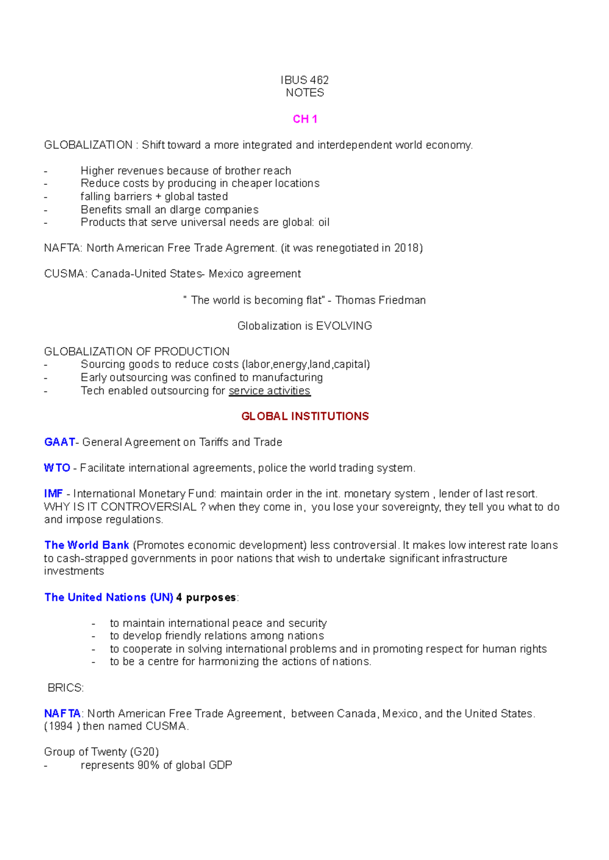 IBUS 462 Notes - IBUS 462 NOTES CH 1 GLOBALIZATION : Shift toward a ...