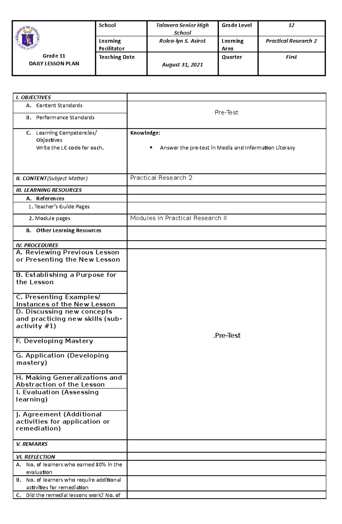 DLL- PR2 PRE-TEST - Pre-test in PR1 - Grade 11 DAILY LESSON PLAN School ...
