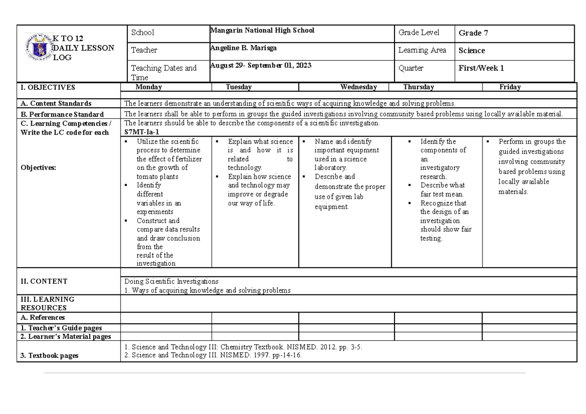 Dll science 7 q1 week 1docx - K TO 12 DAILY LESSON LOG School Mangarin ...