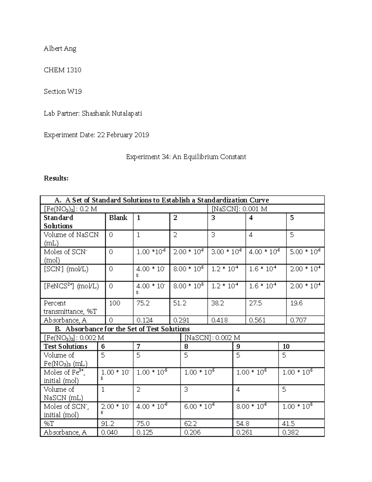 Experiment 34.docx - Albert Ang CHEM 1310 Section W Lab Partner ...