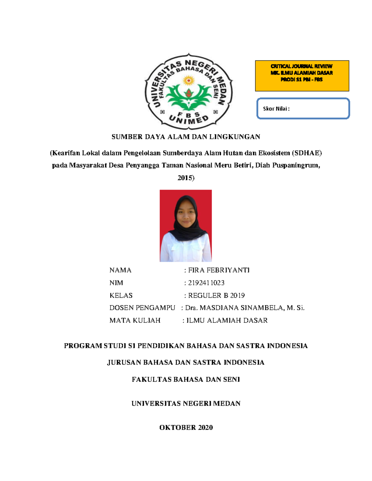 CJR IAD; Fira Febriyanti (2192411023); Reg- B 2019 - SUMBER DAYA ALAM DAN LINGKUNGAN (Kearifan ...