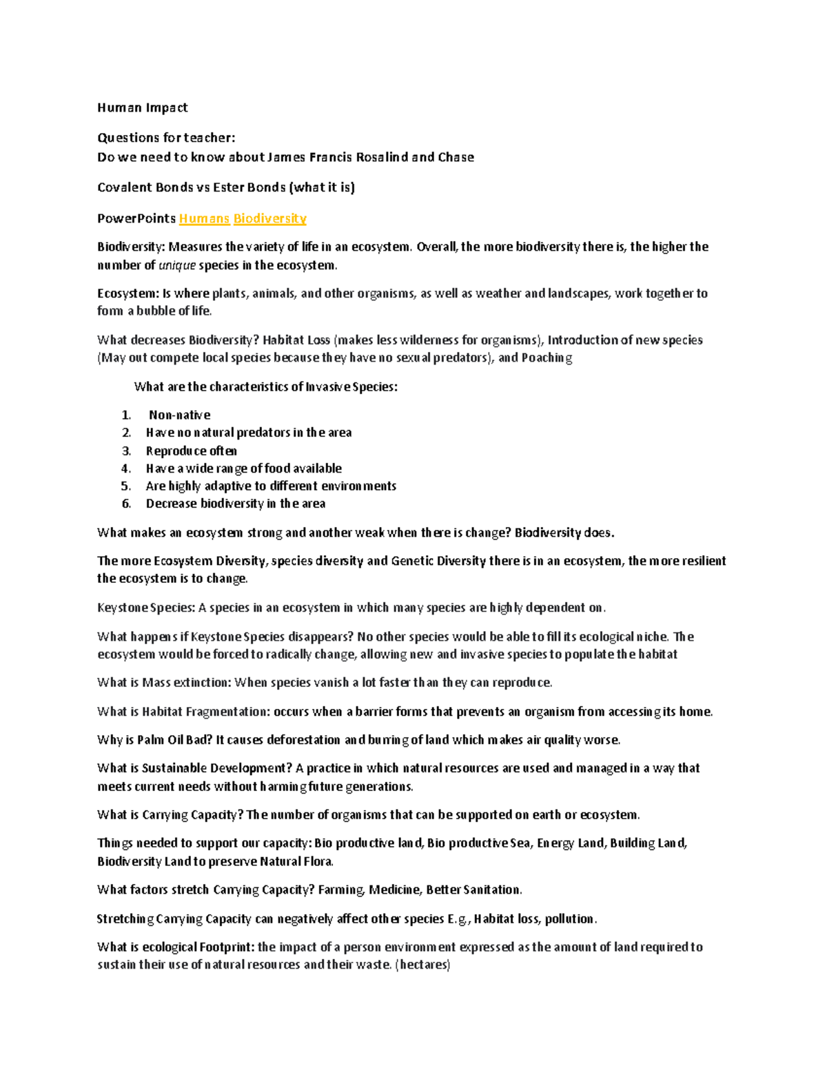 Sience Final - Hskansnsbs - Human Impact Questions for teacher: Do we ...