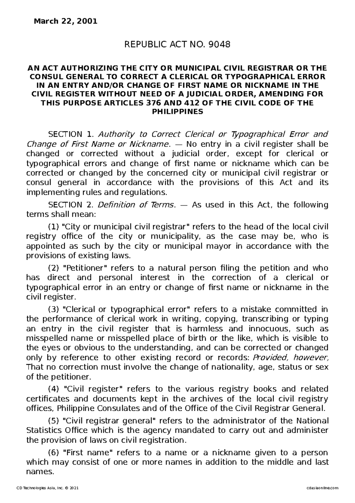 Act Authorizing Municipal Civil Registrar to Correct a Clerical Error ...