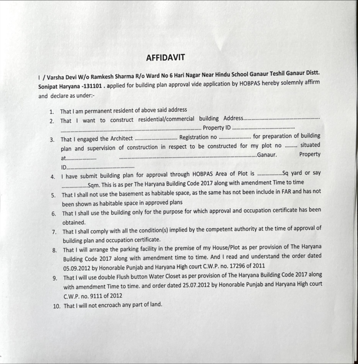 Nakha pass affidavit format - AFFIDAVIT I Varsha Devi Ramkesh Sharma ...