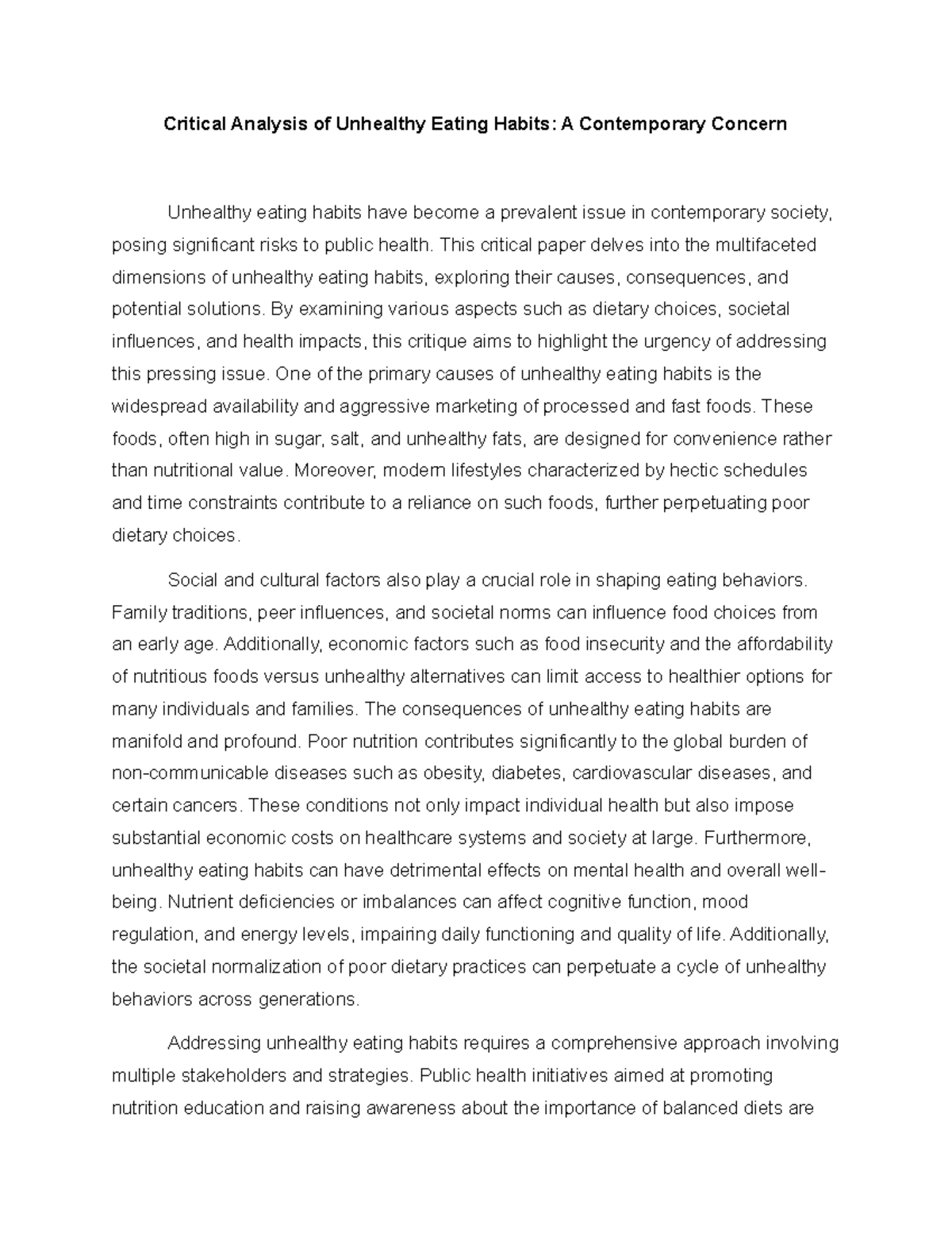 Critical Analysis of Unhealthy Eating Habits - This critical paper ...
