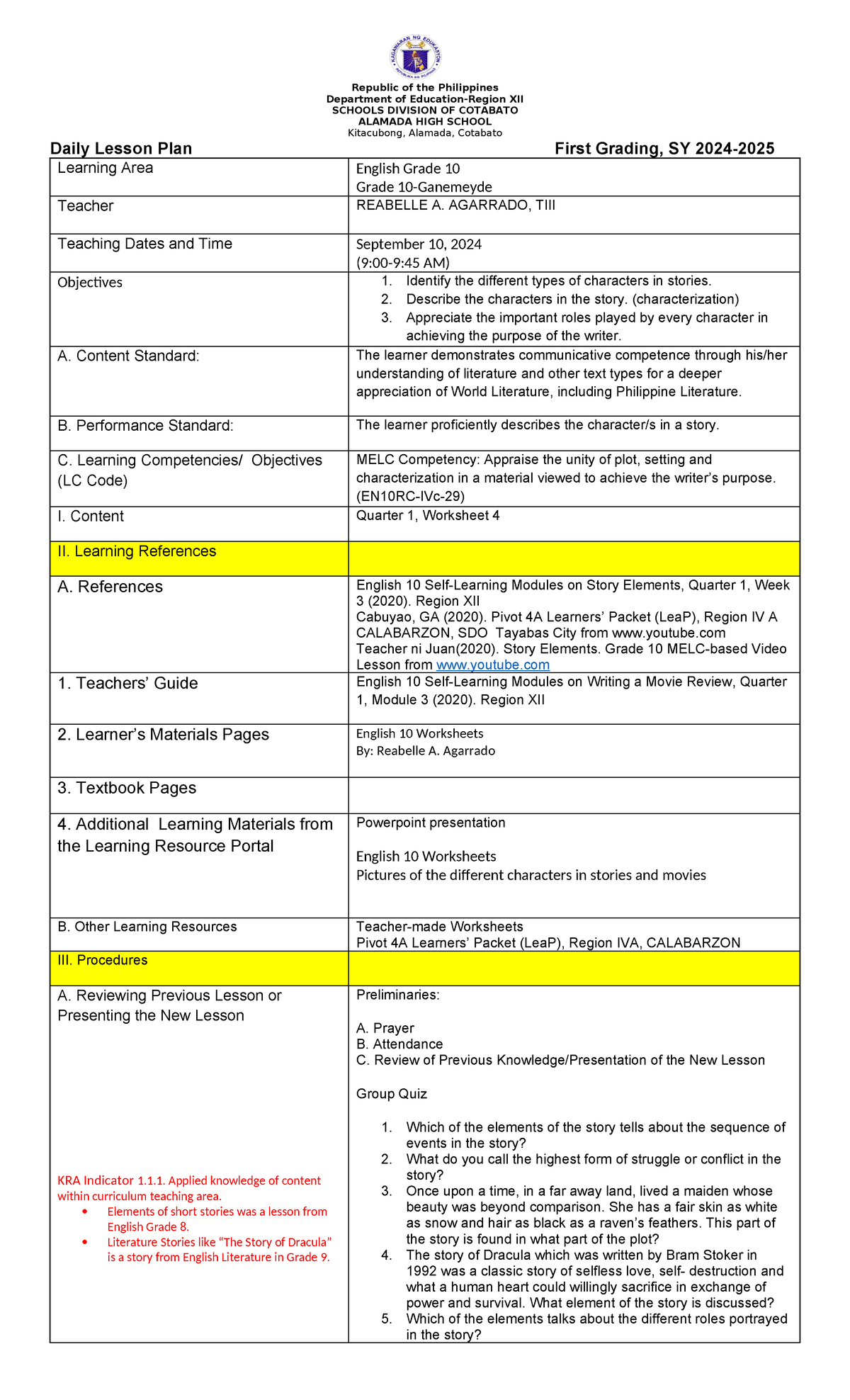 First Quarter Lesson Plan COT - Republic of the Philippines Department ...