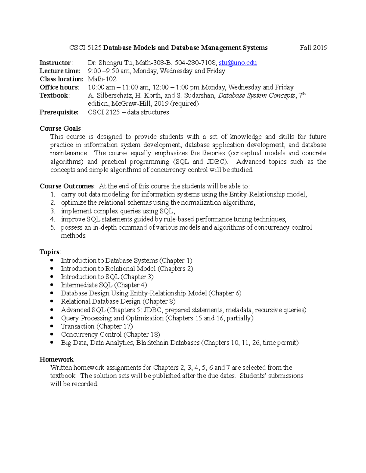 5125syllabus F 19 - CSCI 5125 Database Models and Database Management Systems Fall 2019 ...
