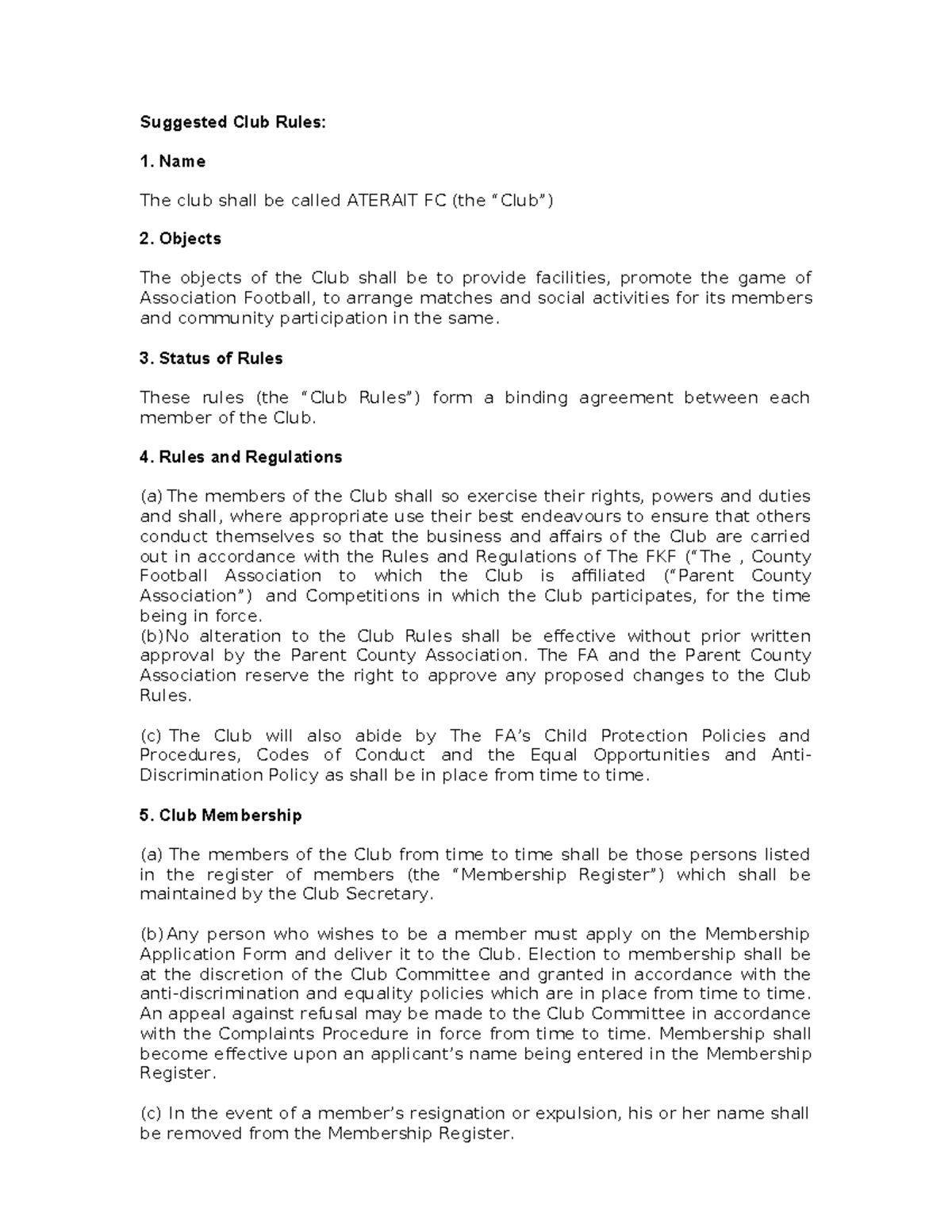 Fa-club-constitution - Suggested Club Rules: 1. Name The club shall be ...