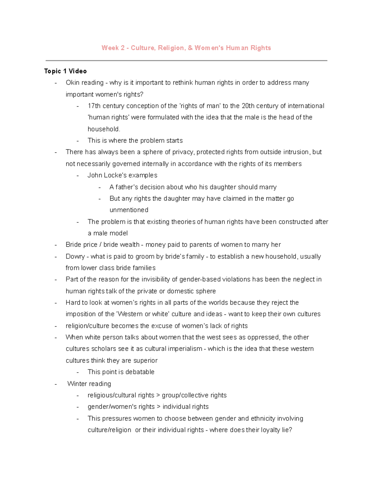 HUMR Week2+3 notes - Week 2 - Culture, Religion, & Women's Human Rights ...