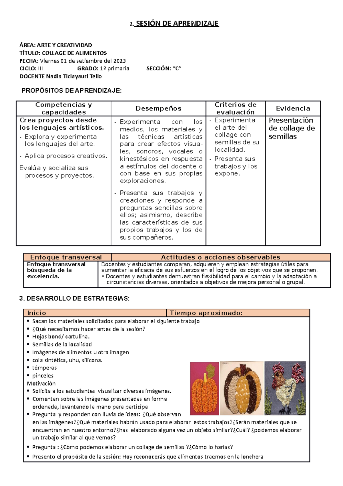 Arte 1 setiembre - ninguno - 2. SESIÓN DE APRENDIZAJE ÁREA: ARTE Y ...