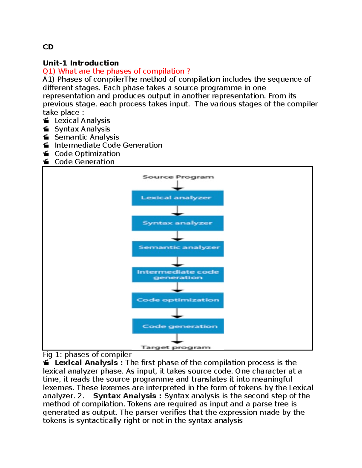 Qestion bank compiler diesgn - CD Unit-1 Introduction Q1) What are the ...